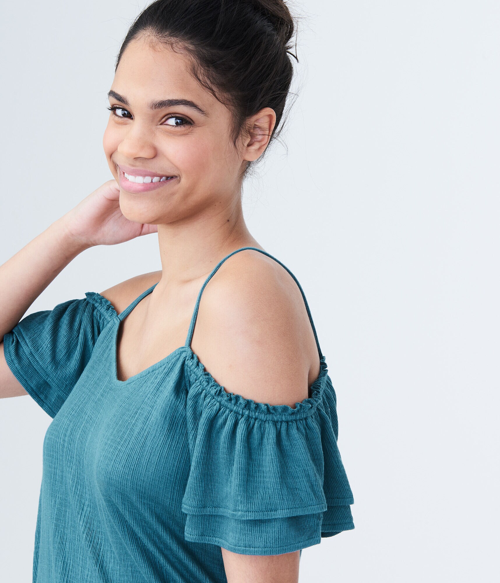 Solid Textured Cold-Shoulder Top