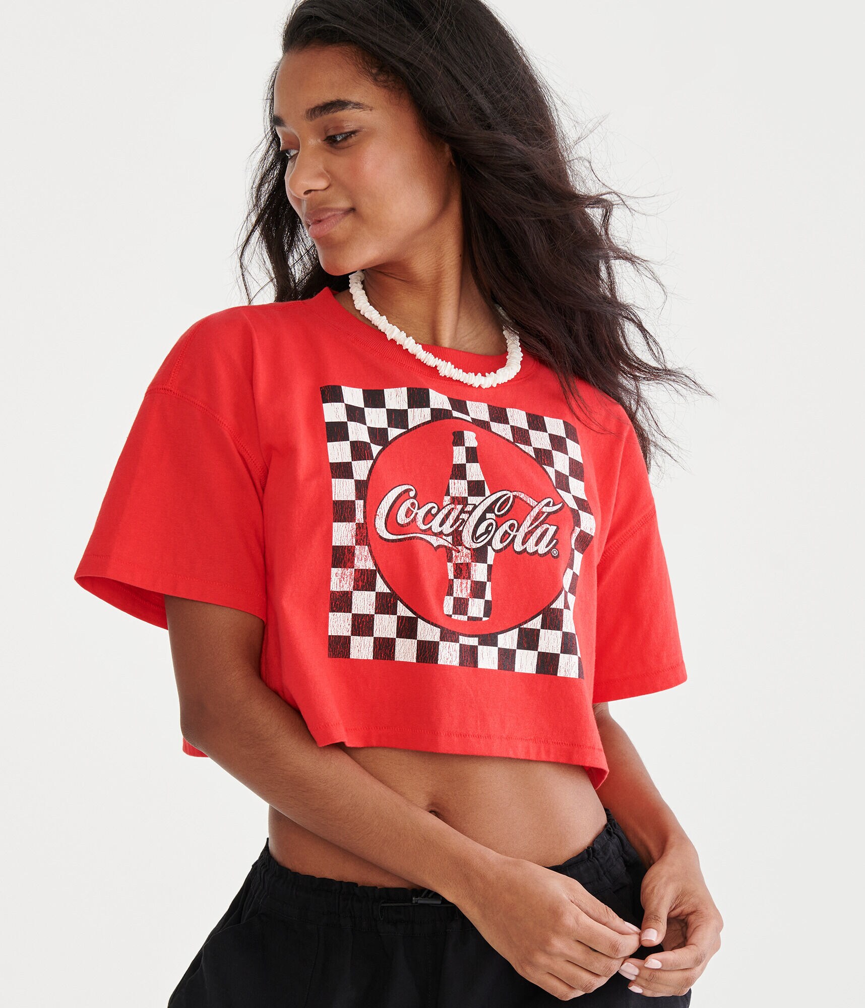 Coca-Cola® by Aeropostale Checker Logo Cropped Boyfriend Tee