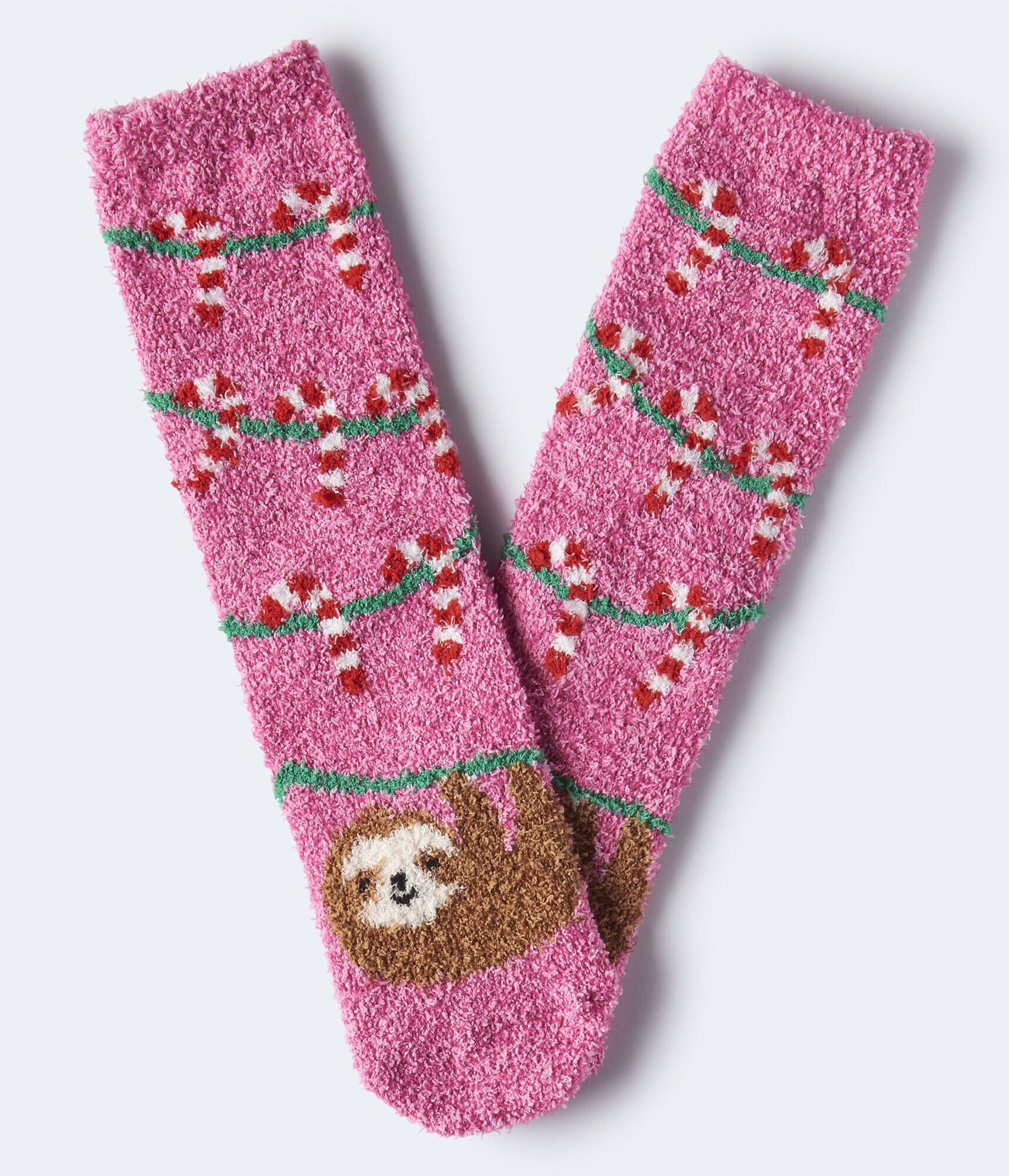 Candy Cane Sloth Fuzzy Crew Socks