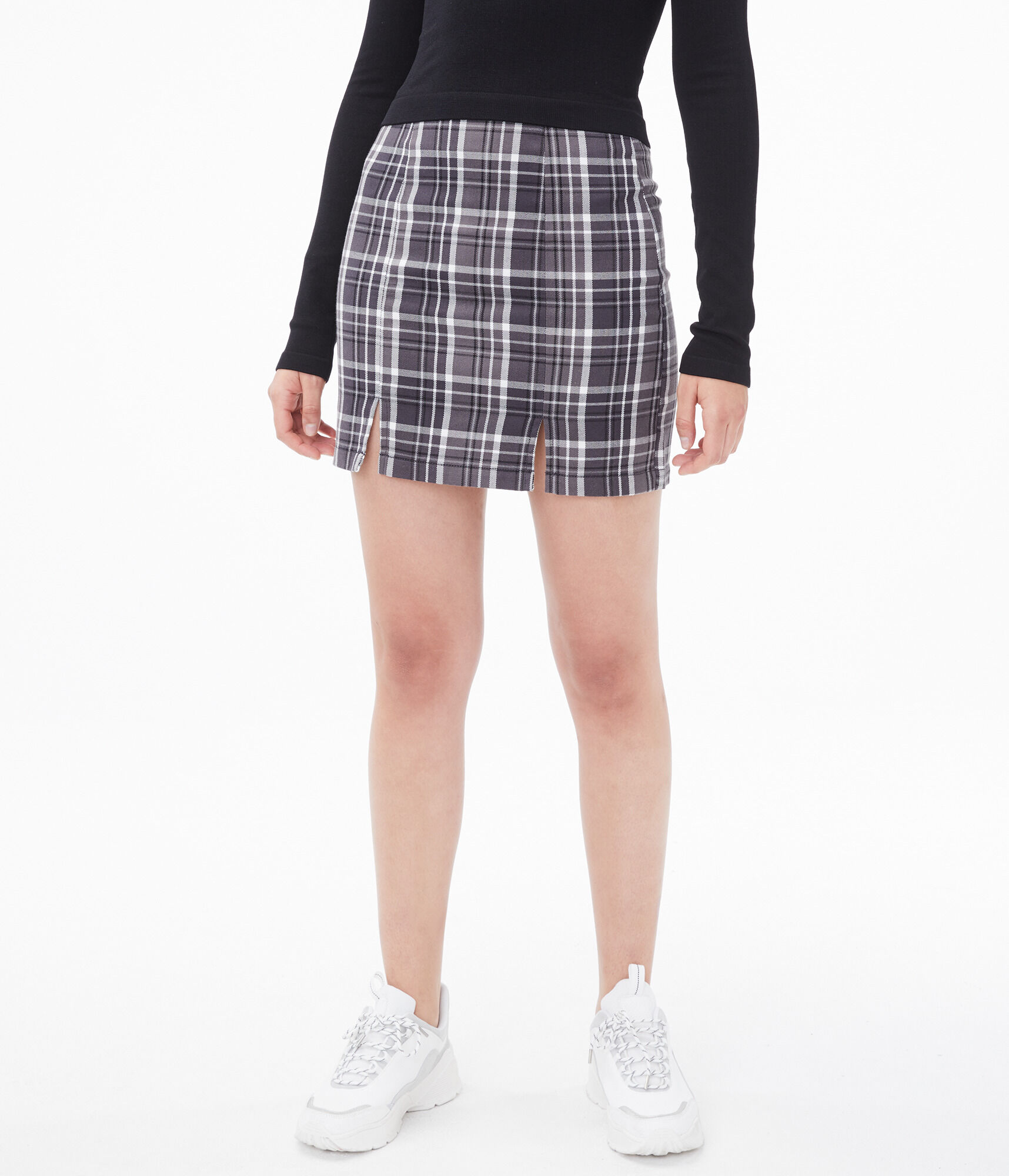 Plaid Notched-Hem Skirt