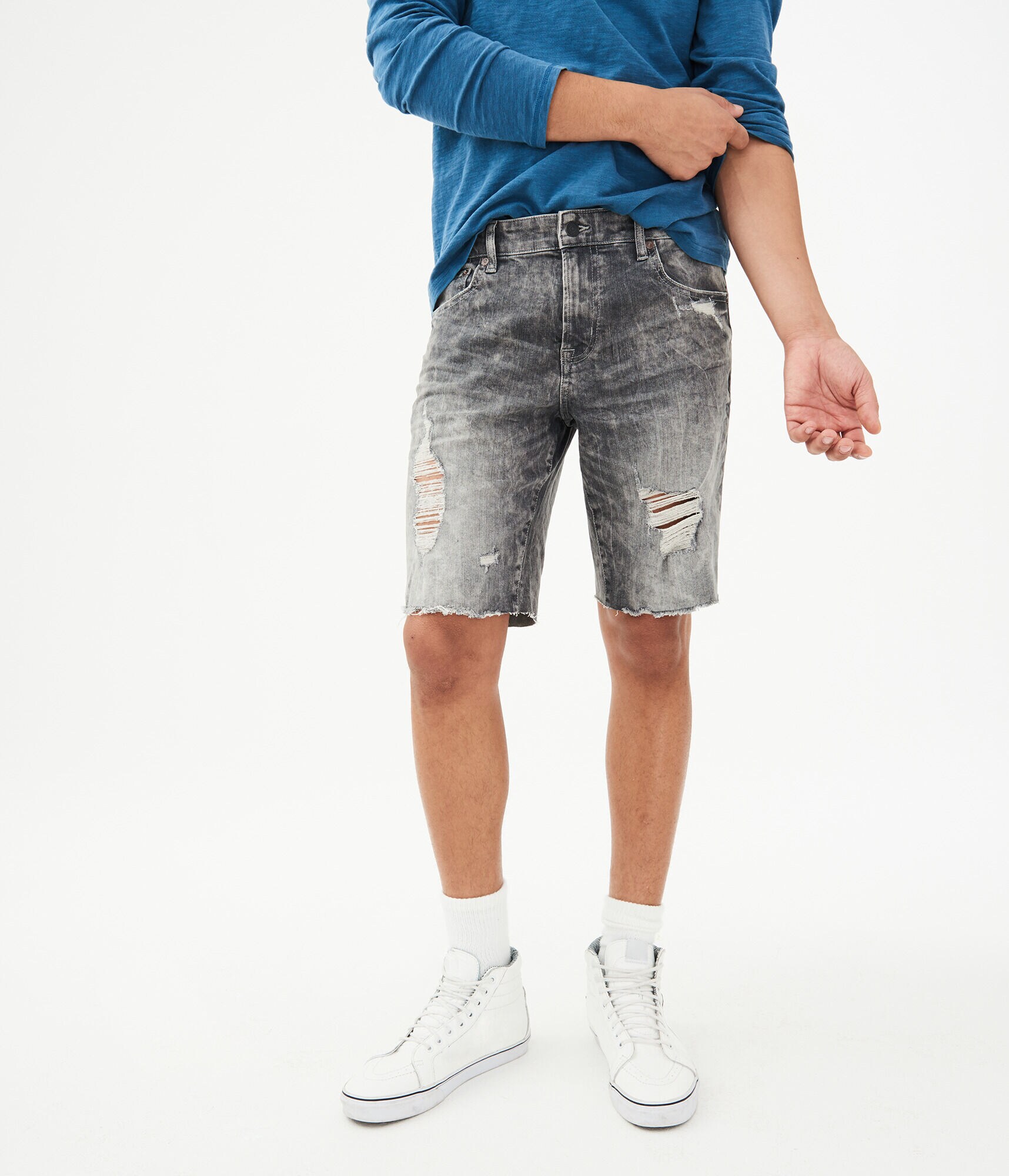 Grey Wash Destroyed Stretch Denim Cutoff Shorts