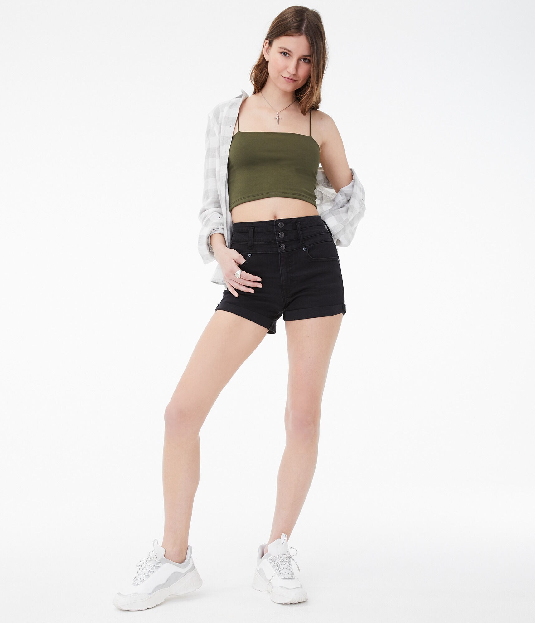 Seriously Stretchy Super High-Waisted Triple-Waistband Denim Midi Shorts